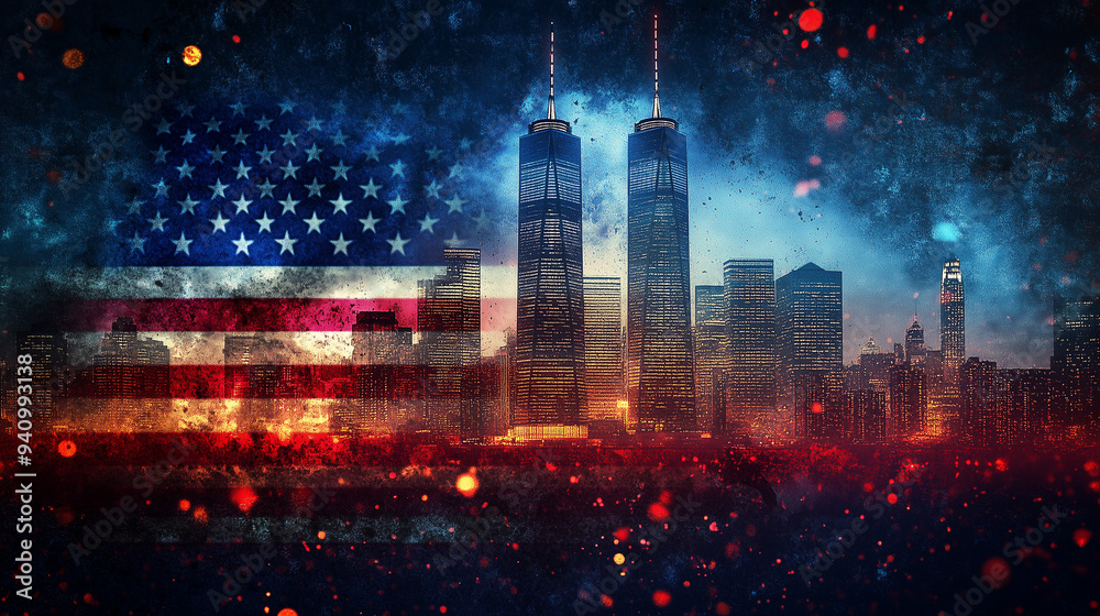 9/11 Anniversary Poster with American Flag Twin Towers and Patriotic Themes in a Dark Abstract ...
