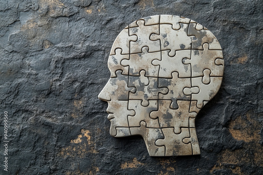 Realistic sculpture of a human head made from stone puzzle pieces ...