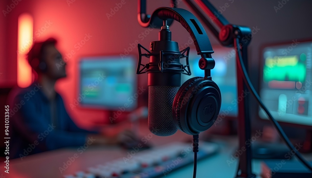 Professional microphone and headphones at the radio station, entertainment and communication ...