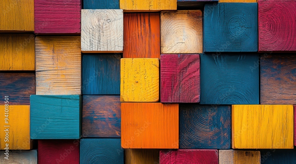 Mur en blocs de bois colorés disposés selon un motif artistique ...