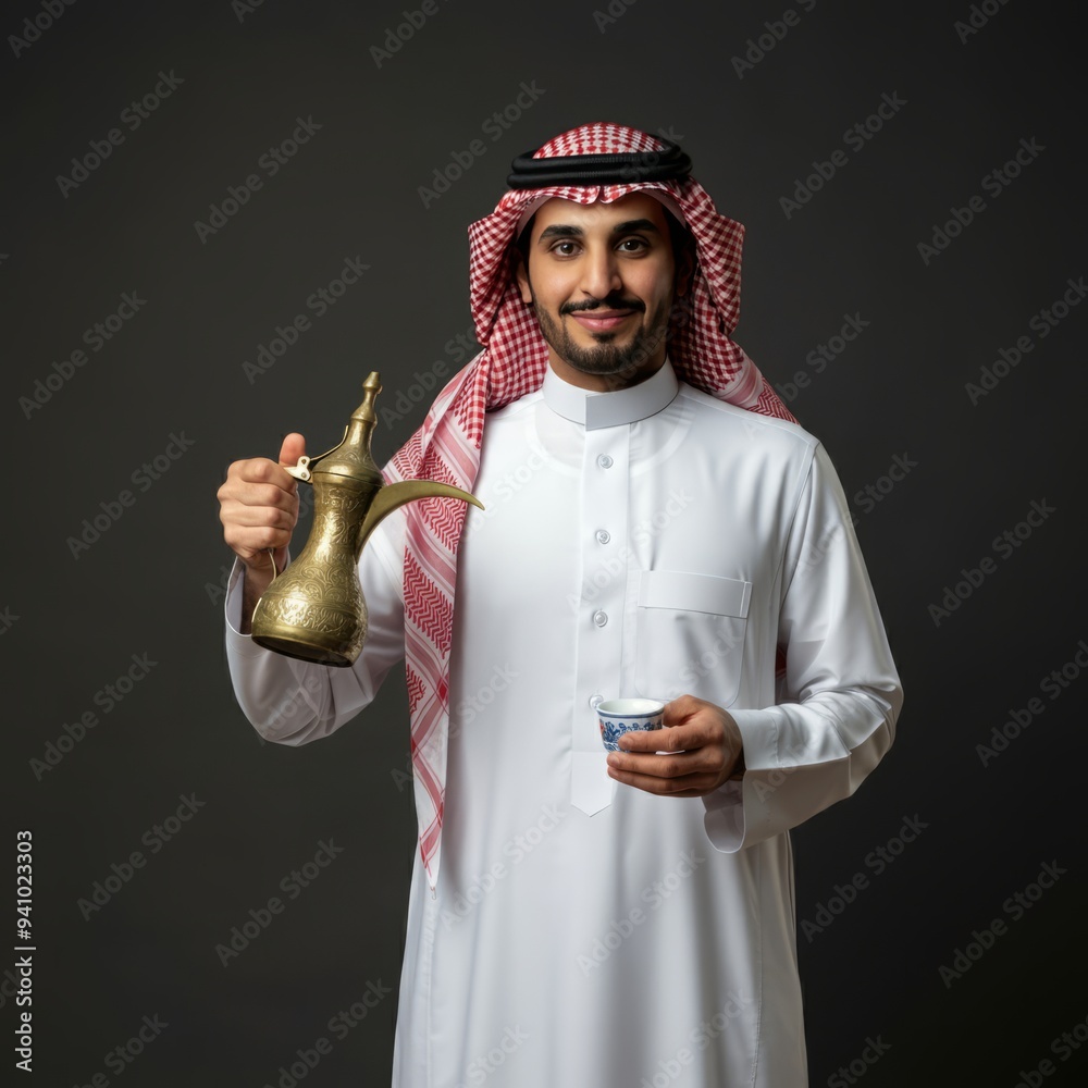 Saudi man holding dallah and pours Arabic coffee to guests in guest ...