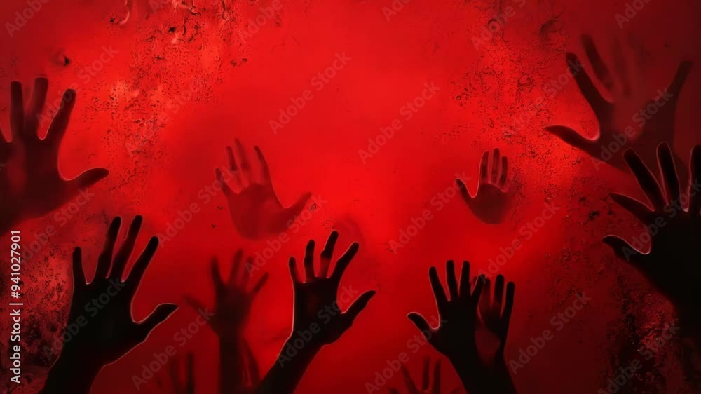 Shadowy handprints swirl in a blood-red expanse. Spectral imprints ...