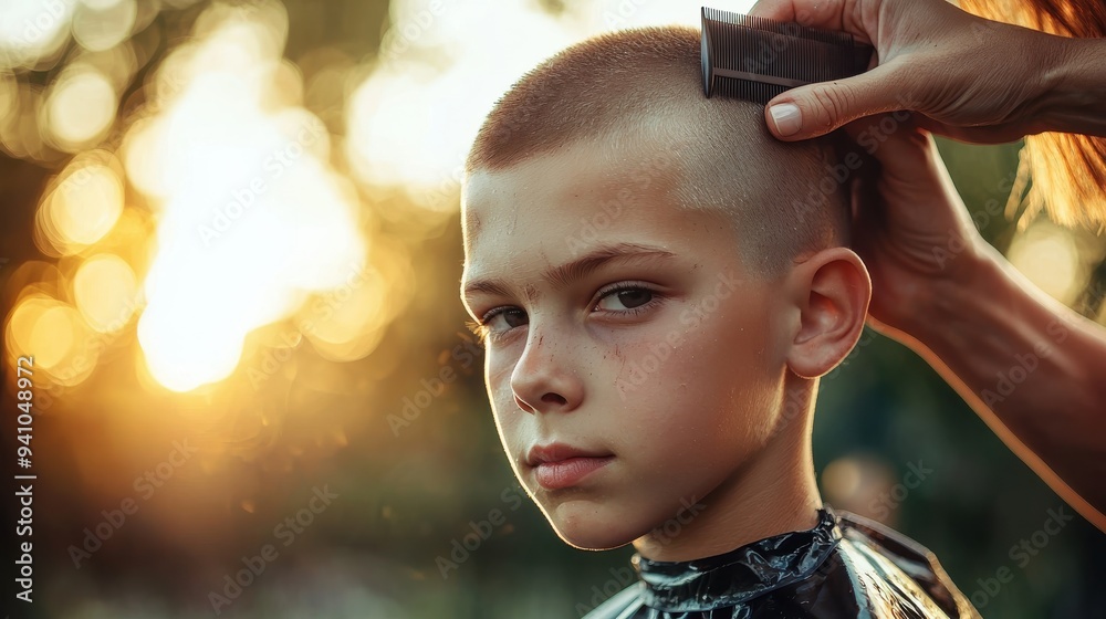 Teen boy getting buzz cut By mother outdoors à¹‚à¸”à¸¢ ByLorena/Stocksy ...