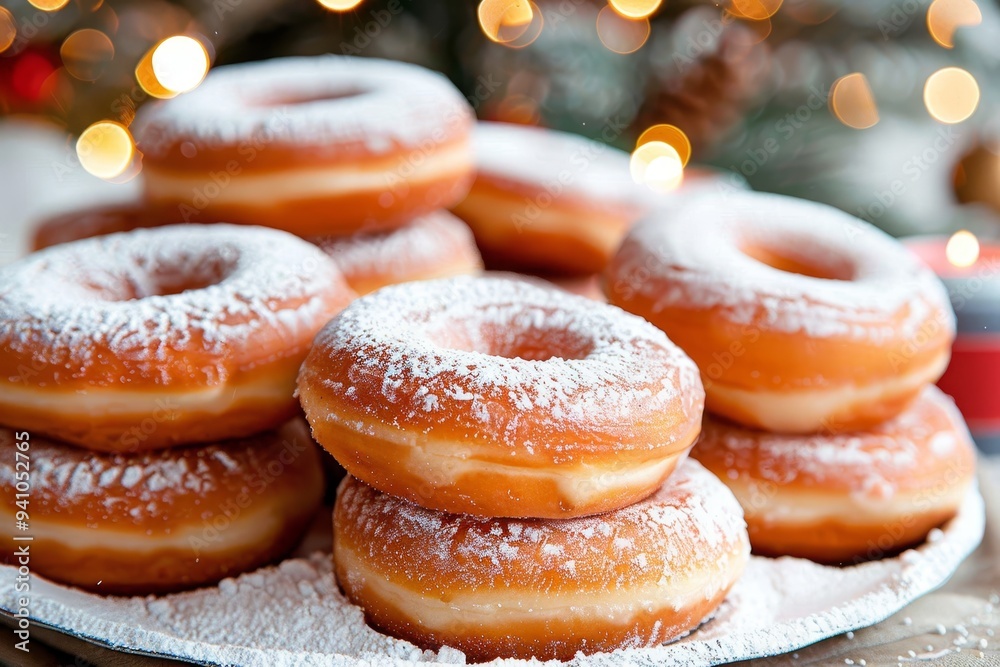 Vibrant powdered donuts stack on plain backdrop, highlighting shape and ...