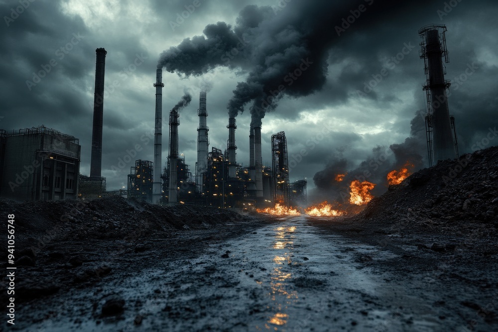 An ominous industrial complex is shown under dark, stormy clouds, with ...