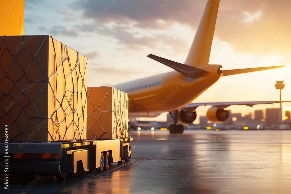 Cargo pallets are prepared for loading onto an airplane at sunset ...