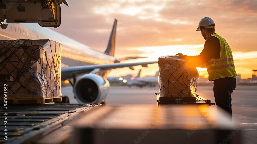 Logistics worker unloading cargo at an airport during sunset ...