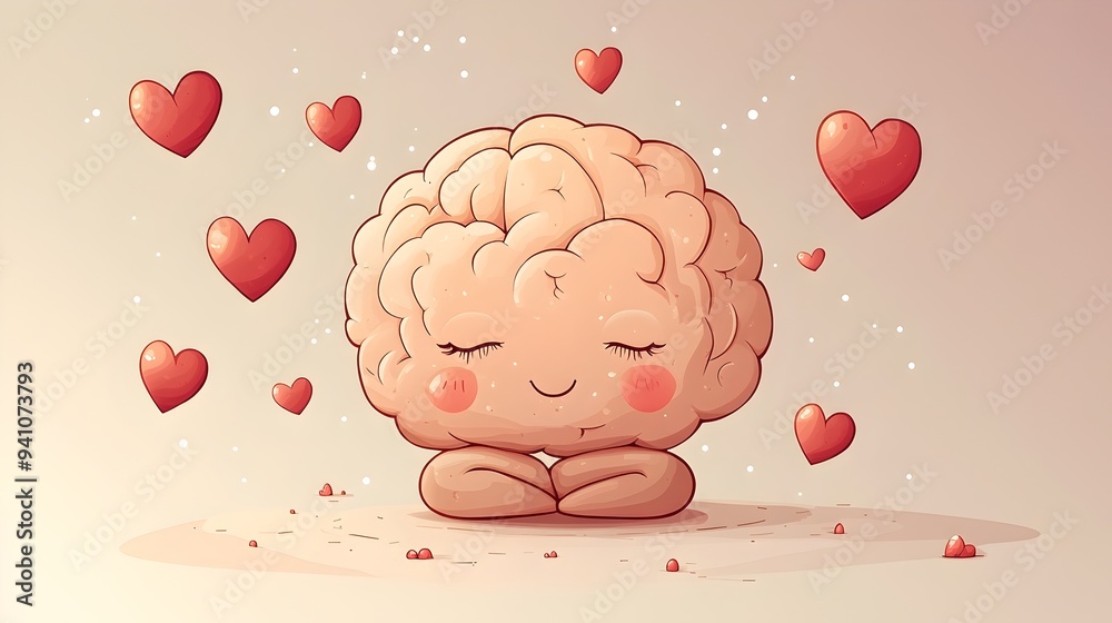 cartoon illustration of human brain meditation pose, red hearts around ...