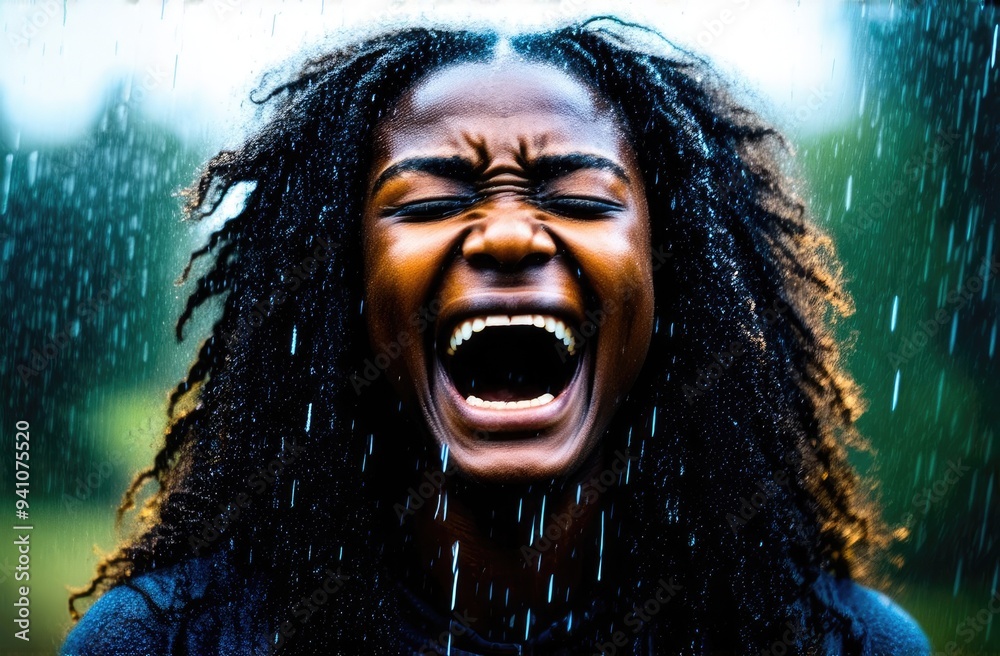 upset black woman screaming, crying at street under rain. shock and ...