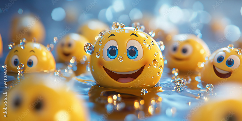 Fröhlicher Hintergrund mit 3D-Icons lachender Smileys. Gelbe, runde ...