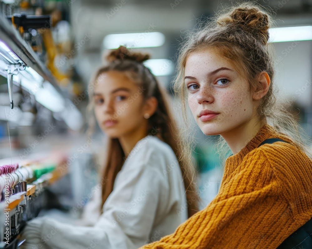 Teenage girls collaborating in a textile factory, focused expressions ...
