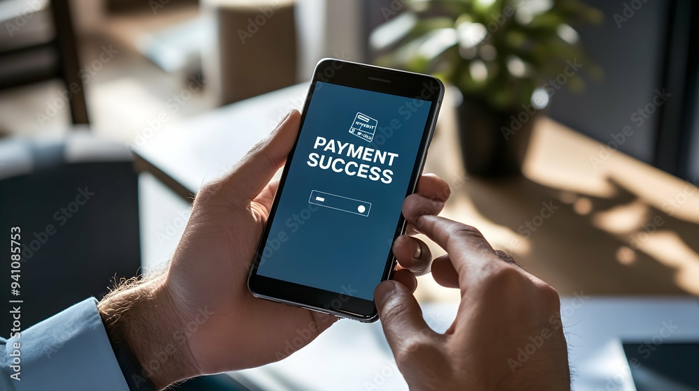 Hand of a businessman holding a mobile phone with a successful online ...