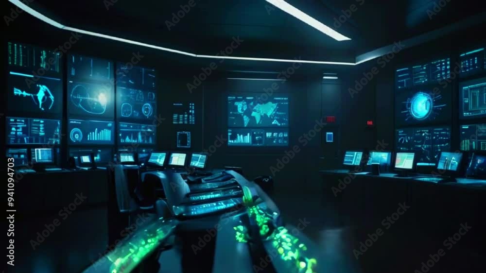 A dark room with multiple computer monitors displaying data and graphs, a large screen with a ...