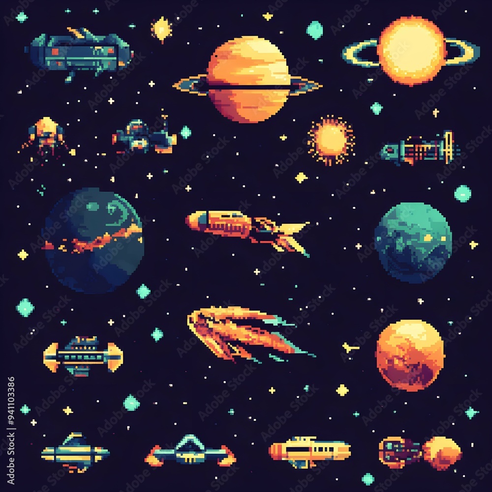 Space Arcade game interface elements with Pixel Art icons, Planets, Ufo aliens, space ships ...