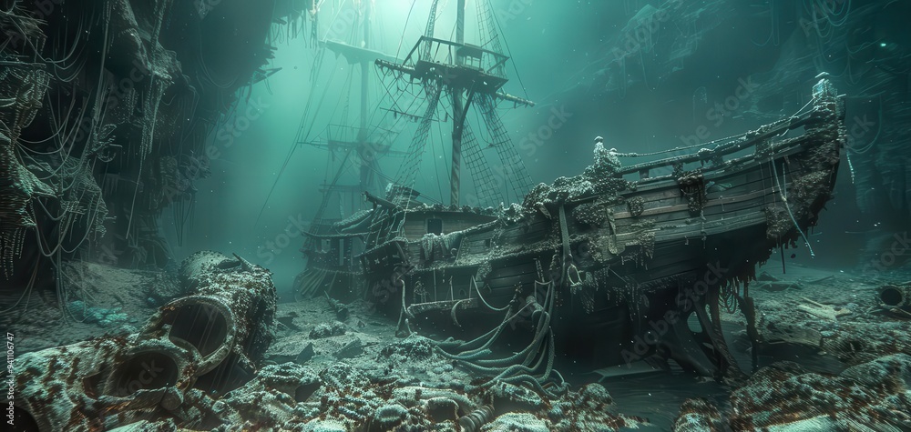 Underwater shipwreck with mysterious lighting revealing a sunken pirate ...