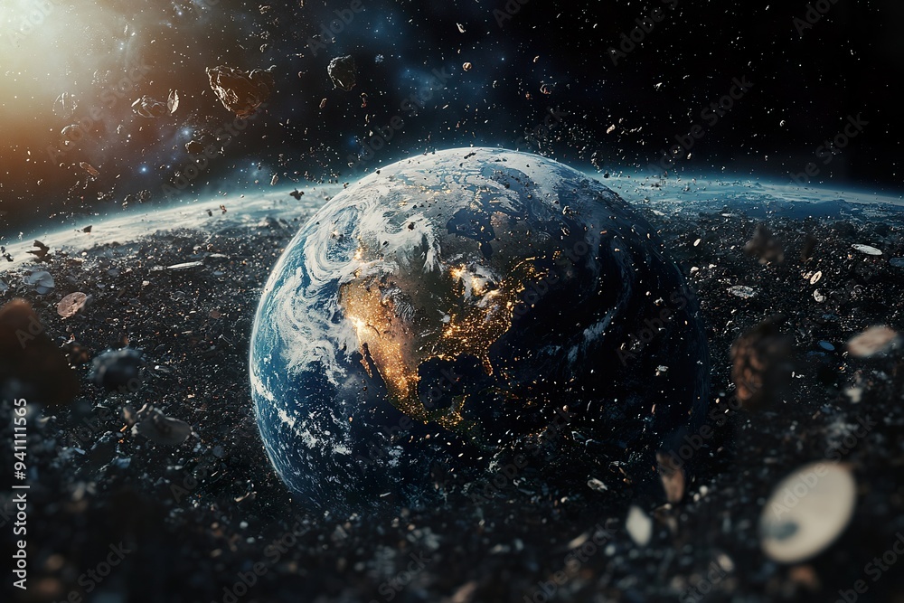 Realistic 3D Art of Earth Orbit Filled with Debris and Satellites Stock ...