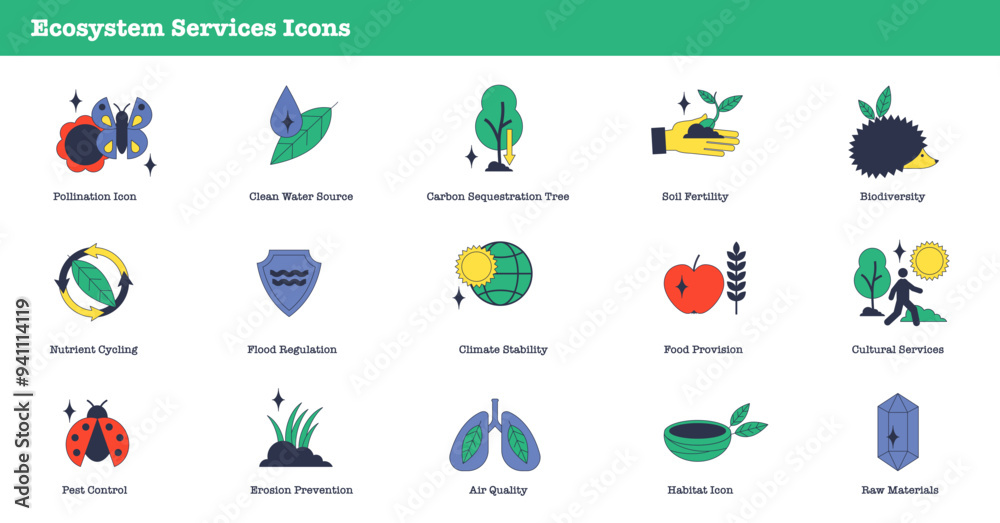 Ecosystem services and sustainable practices neubrutalism icons ...