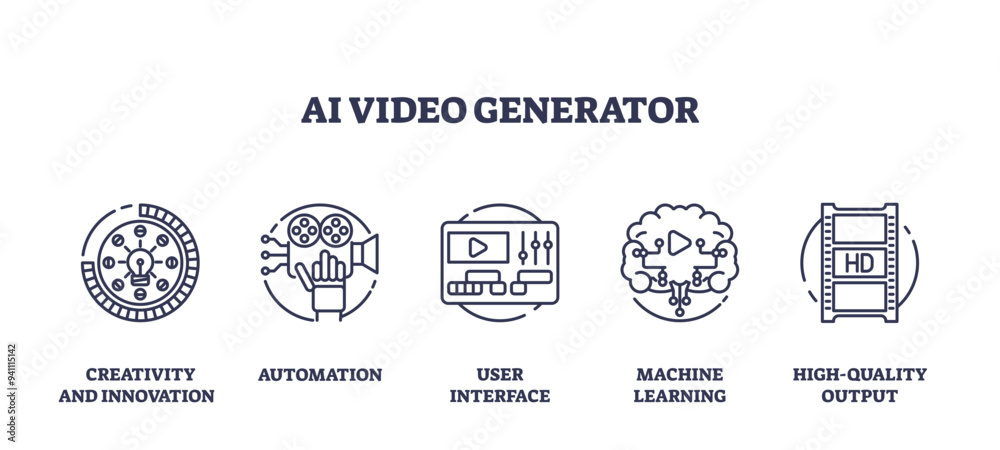 AI video generator as artificial intelligence movies outline icons ...