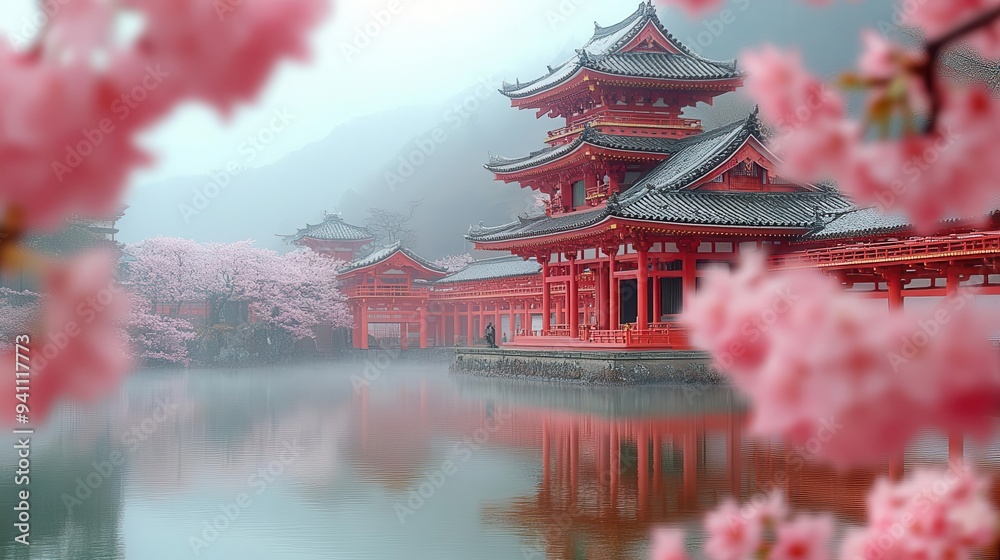 ancient japanese temple nestled among blooming cherry blossoms serene ...