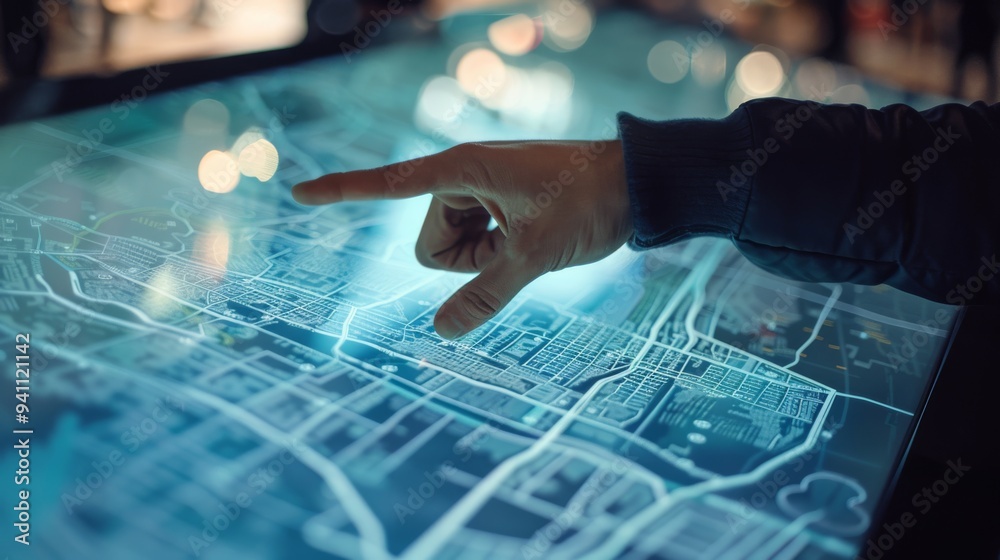A finger touches a glowing, futuristic digital map of a city ...