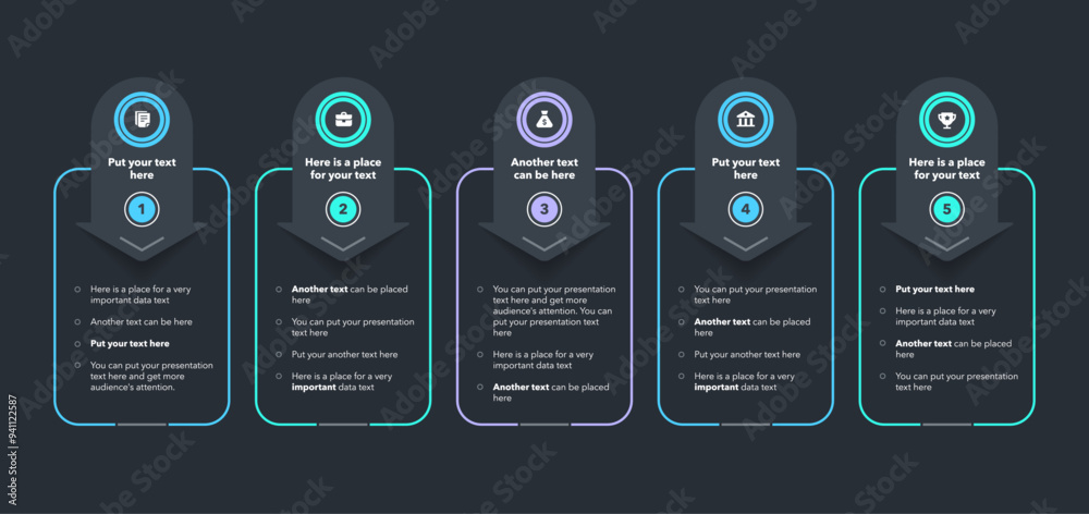 Simple horizontal process diagram divided into five options - dark ...