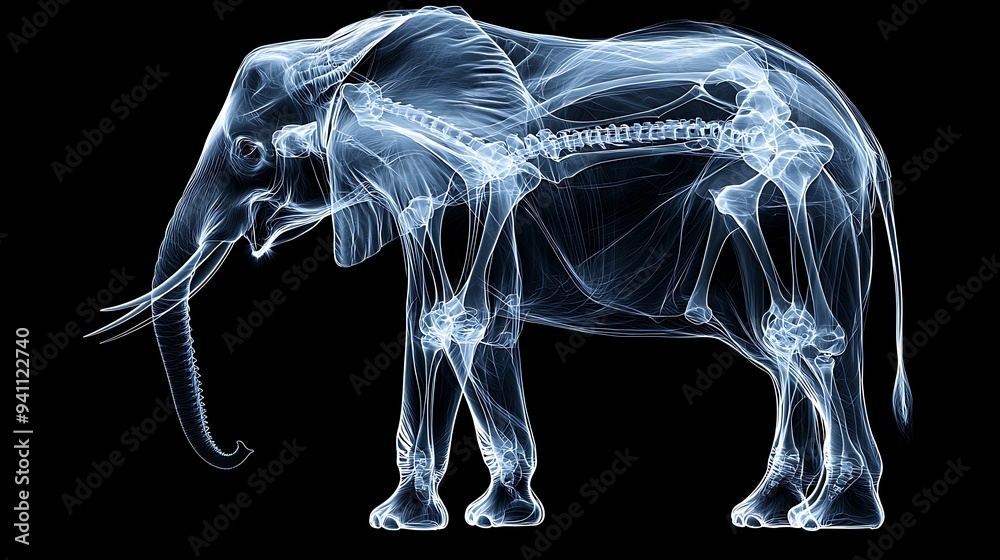 Detailed X-Ray Style Side View of Elephant Skeleton Revealing Bone ...