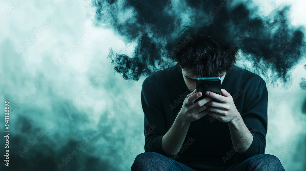 A smartphone with malicious messages spilling out like dark smoke ...