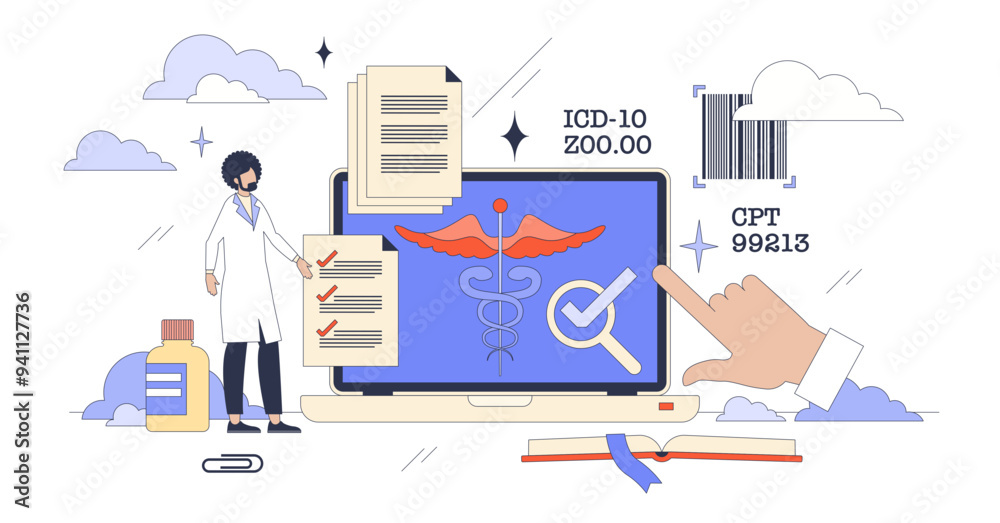 Medical coding training as study for billing tiny person neubrutalism concept, transparent ...