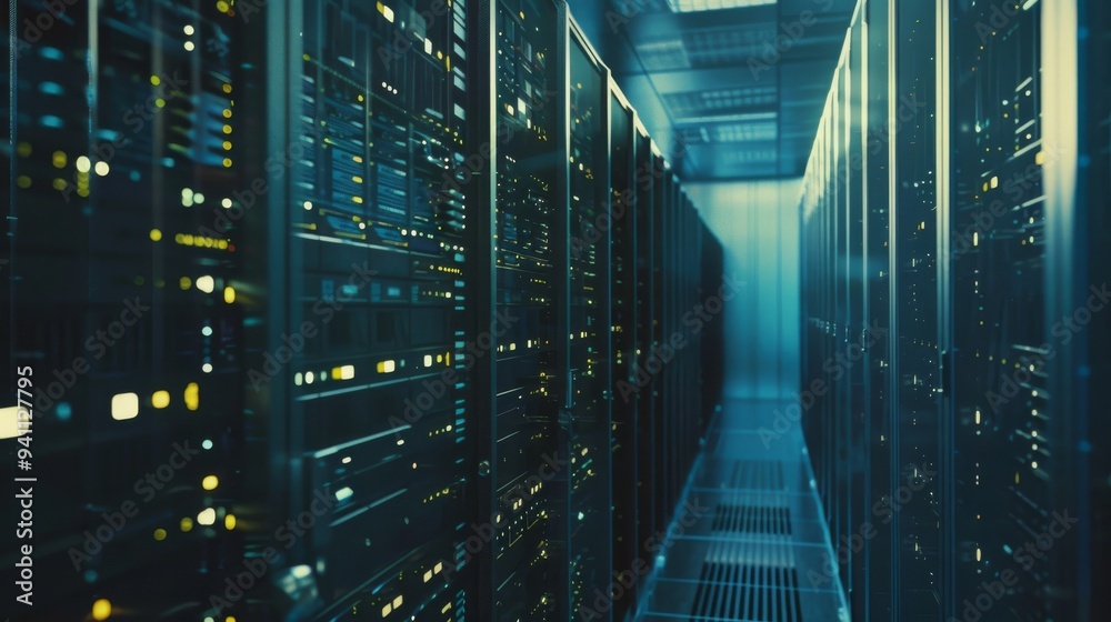 Corridor of data servers with blinking lights, demonstrating modern ...