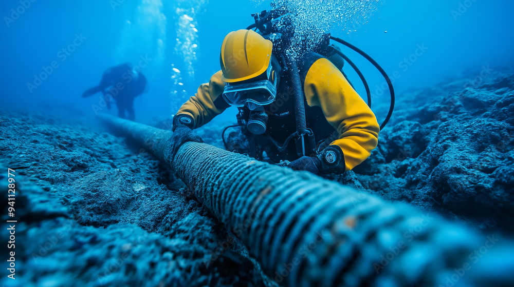 Submerged in deep waters, a professional diver works on a thick fiber ...