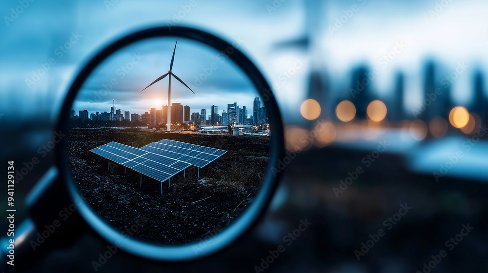 Wind turbines and solar panels magnified under a glass lens ...