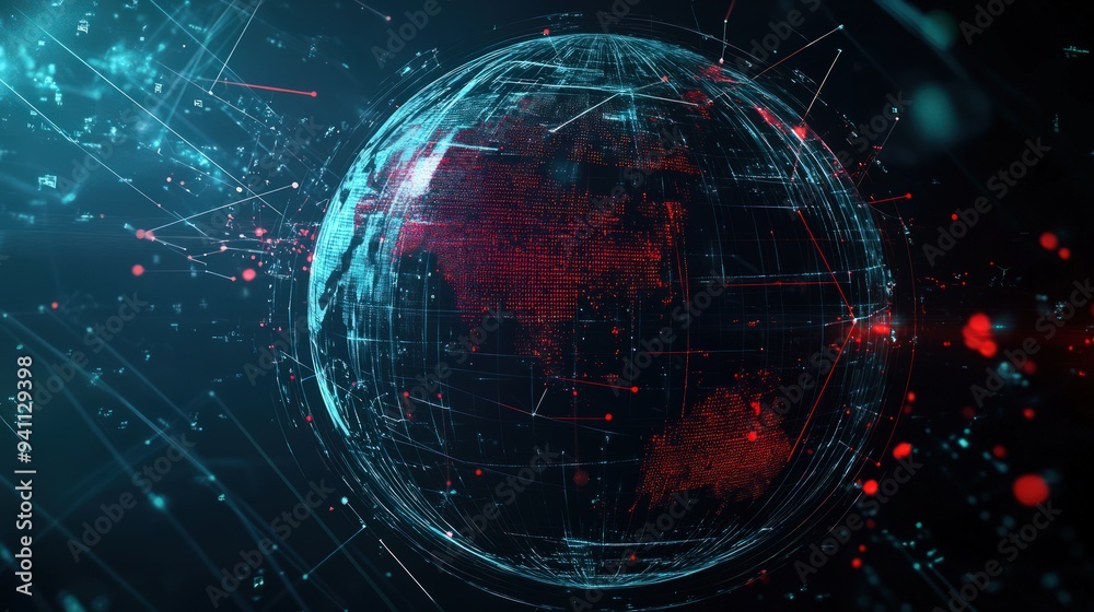 Abstract digital globe with red and blue lines representing connections ...
