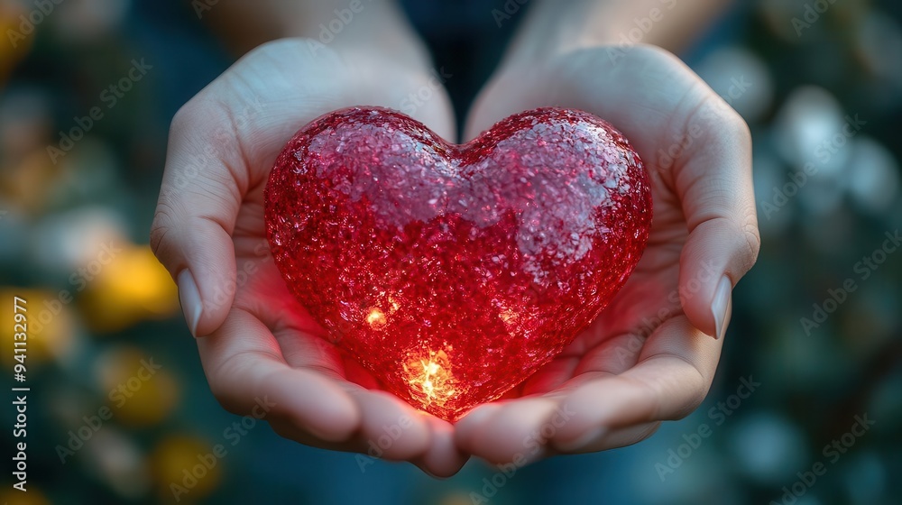 compassionate hands cradling glowing red heart soft focus background ...