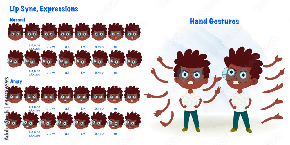 African boy cartoon character with angry face expression and lip sync ...