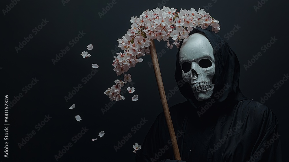 Grim Reaper in a traditional Japanese Noh mask, holding a scythe with ...