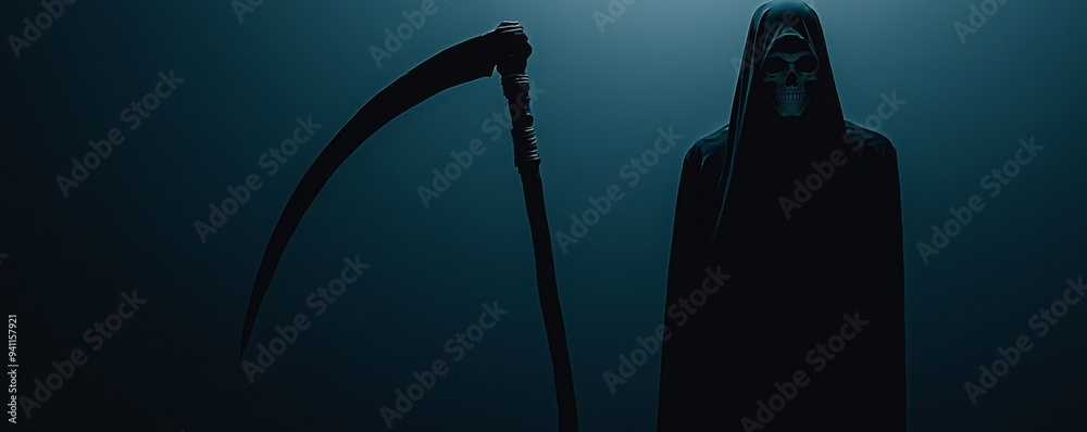 Shadowy figure of a grim reaper with a skeletal face, scythe casting an ...