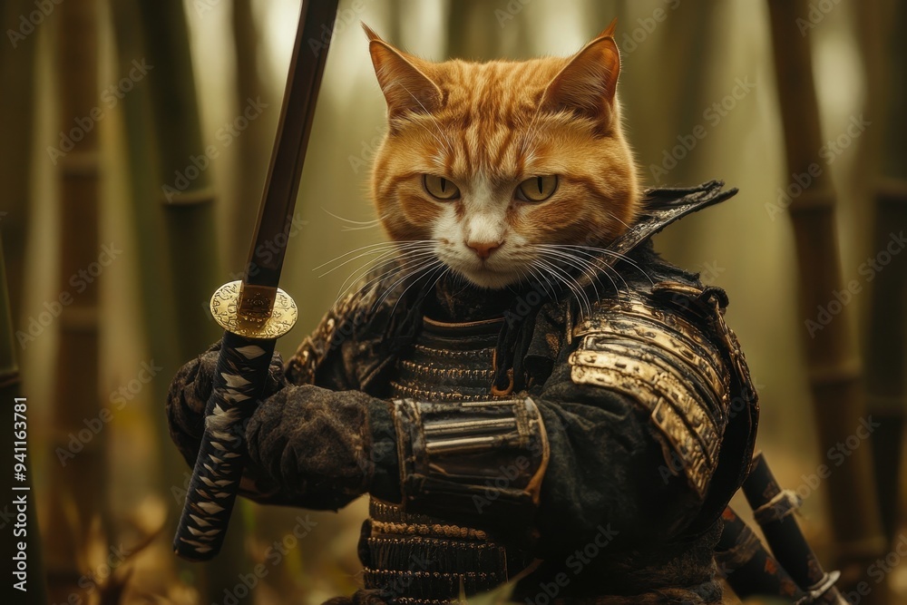 Samurai Cat: A cat in traditional samurai armor, wielding a katana in a ...
