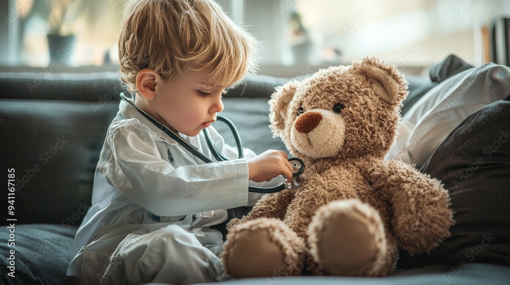 A child dressed as a doctor, using a toy stethoscope to check the ...