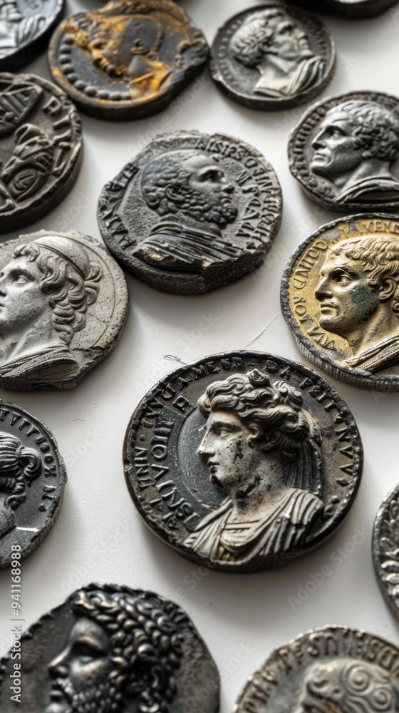 Depiction of various ancient Roman coins with silver and gold colours ...