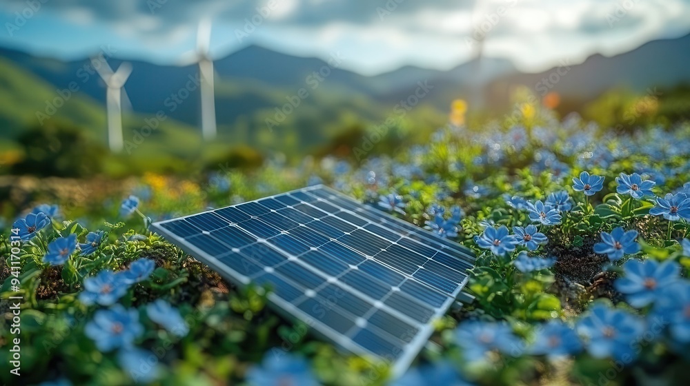 expansive green energy farm with sleek solar panels and majestic wind ...