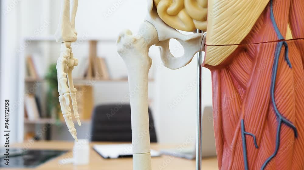 Detailed human anatomy model displaying half skeleton and half muscular ...