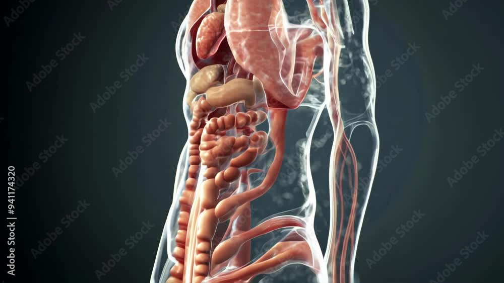 Medical rendering of a human body with internal organs visible, showing ...