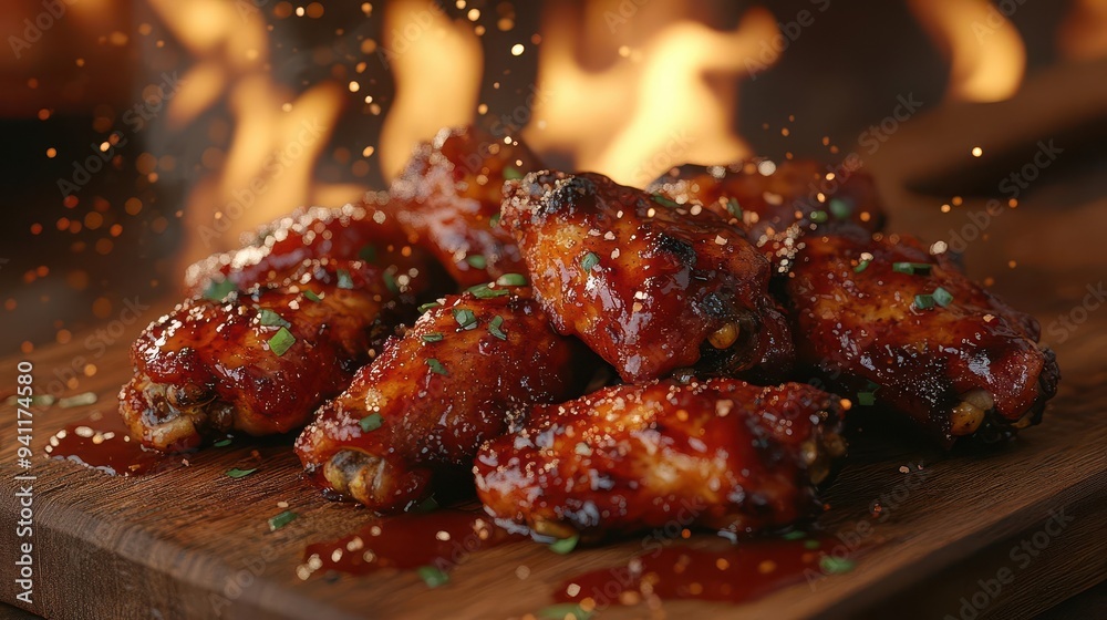 fiery buffalo wings emerging from swirling inferno sauce droplets ... fiery buffalo wings emerging from swirling inferno sauce droplets ...