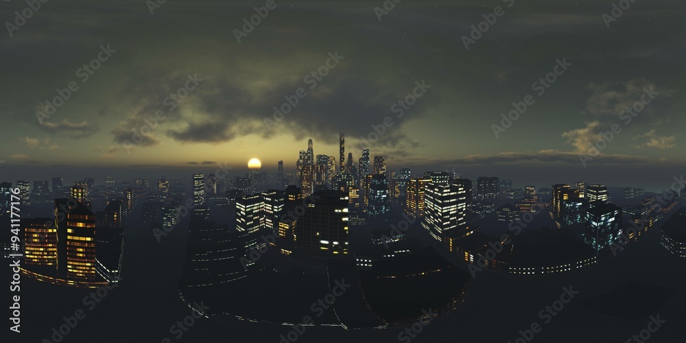 panorama of the night city, HDRI, environment map, Round panorama ...