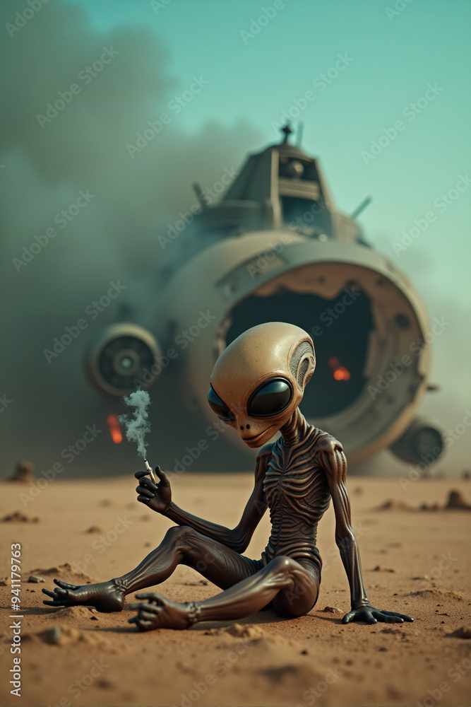 funny and sad desperated alien sitting on the ground smoking a ...