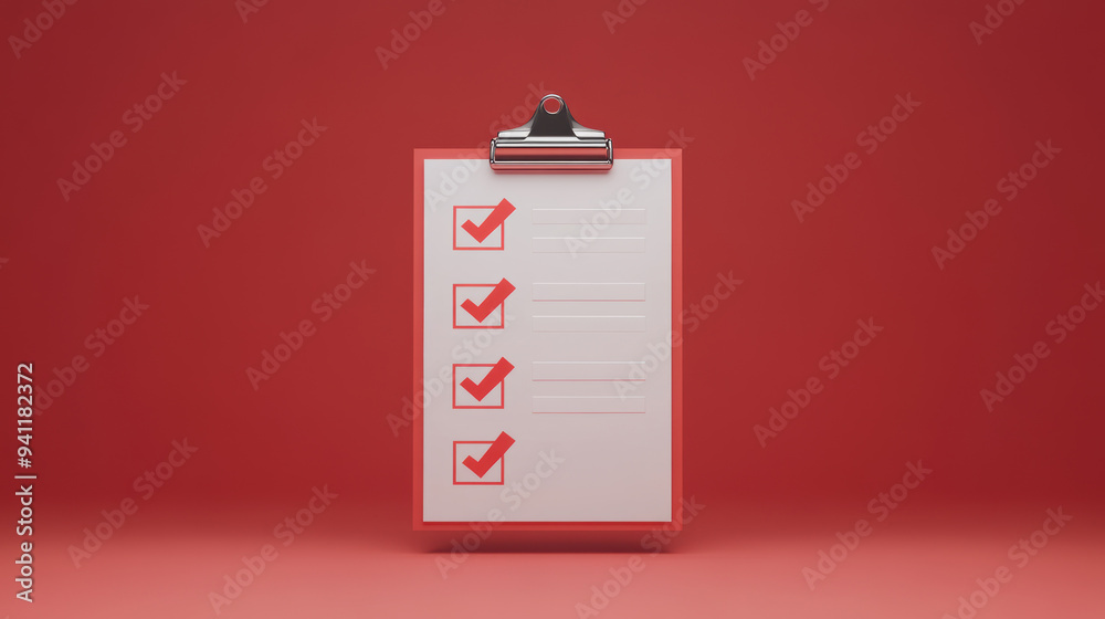 Red Checklist on Clipboard with Completed Tasks A minimalist image of a ...