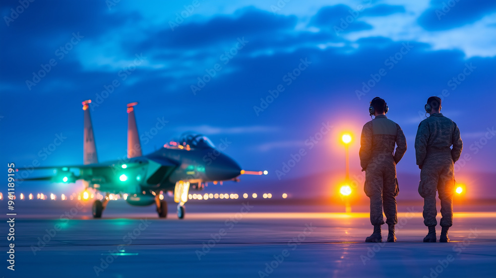 A scene of military pilots in flight suits, conducting a pre-flight ...