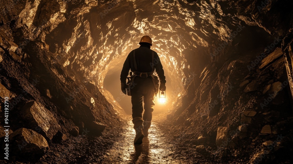 Miner walking through narrow tunnel with lantern shadows cast on rocky ...