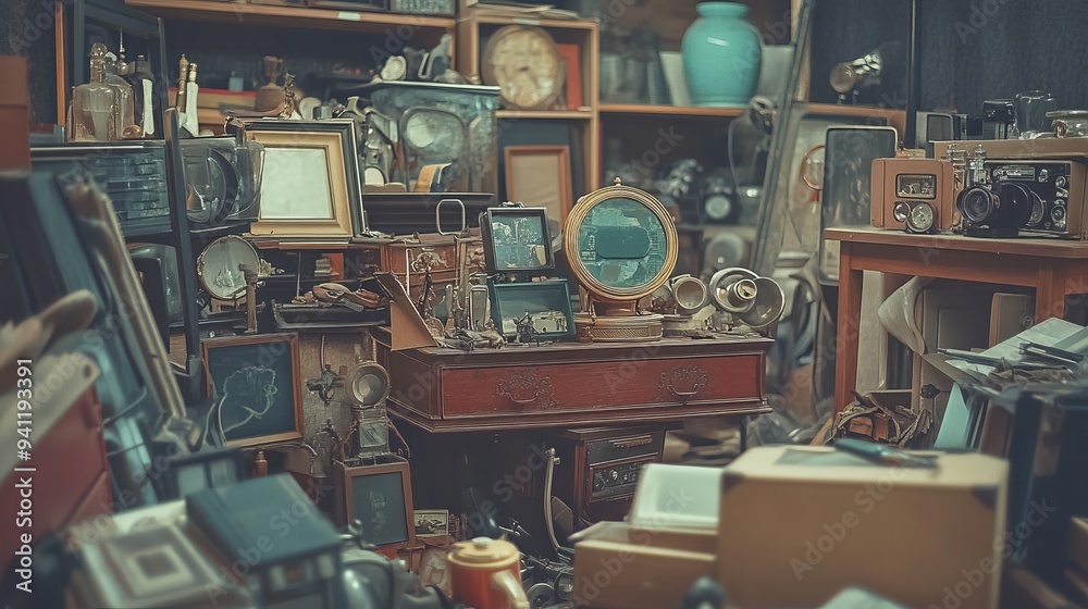 Old antiques and retro collectibles memorabilia dumped in a huge pile ...