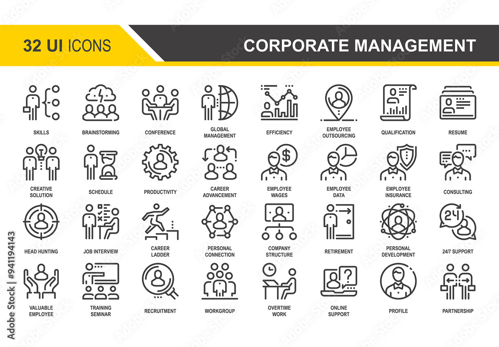 Vector set of corporate management flat line web icons. Each icon with ...